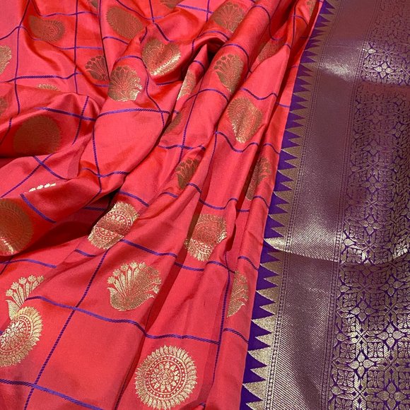 Other | Pink Check Silk Saree With Heavy Pallu | Poshmark